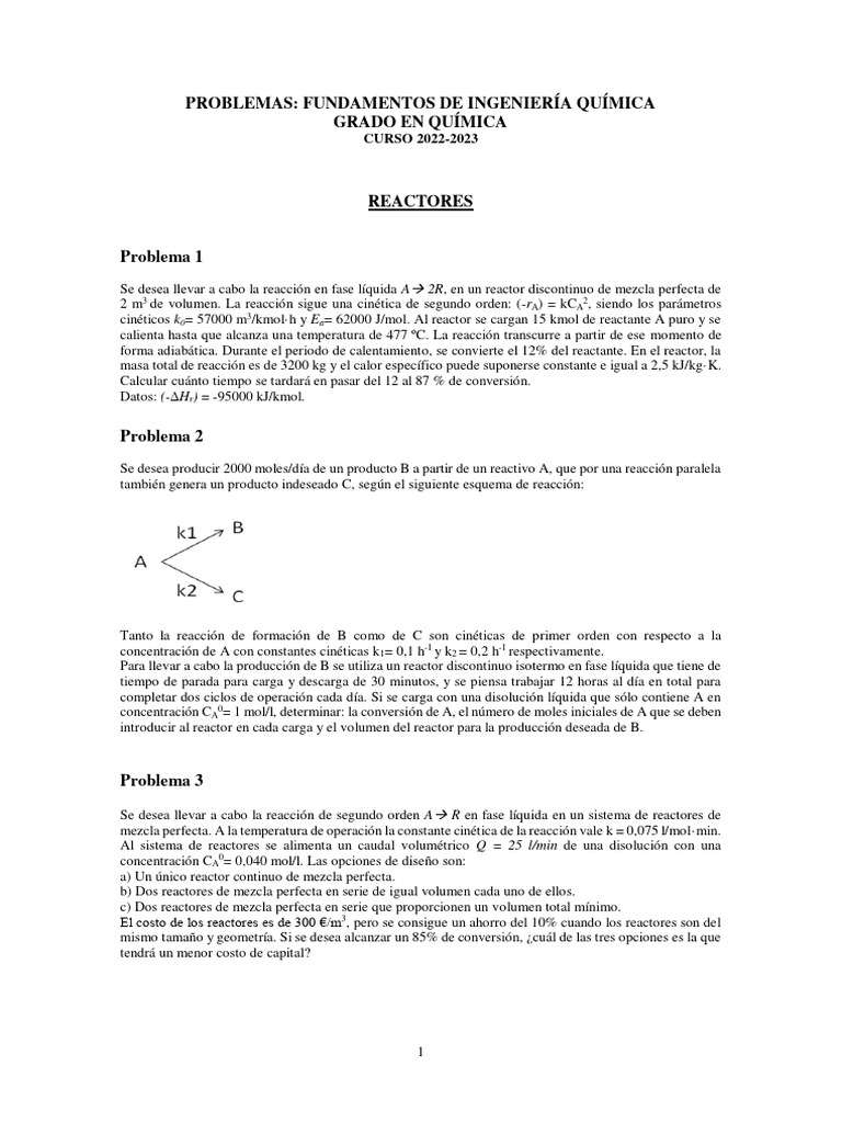 Problemas Reactores | PDF