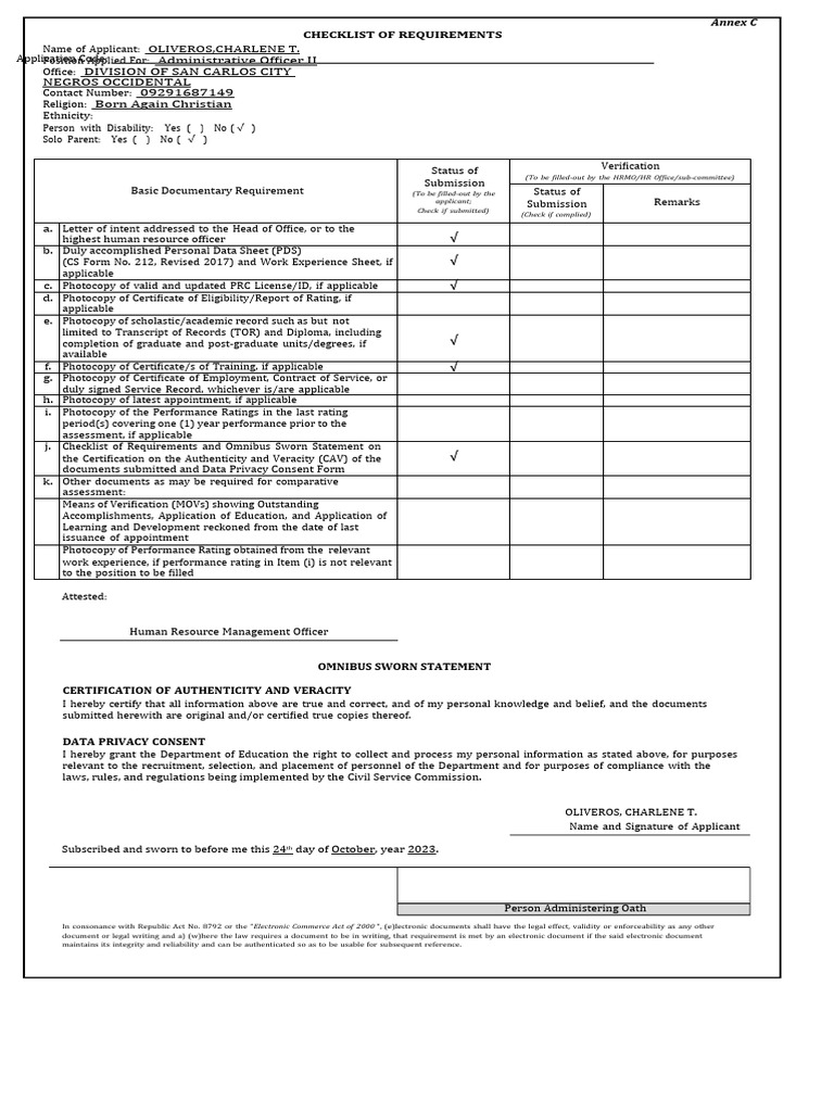Annex C Requirements Checklist for DepEd | PDF | Authentication
