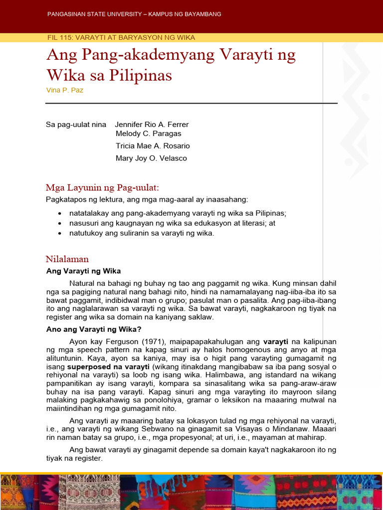 FIL 115 14 Ang Pang Akademyang Varayti NG Wika Sa Pilipinas Ferrer ...
