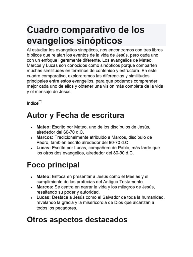 Cuadro Comparativo de Los Evangelios Sinópticos | PDF | Evangelio de Mateo | Jesús