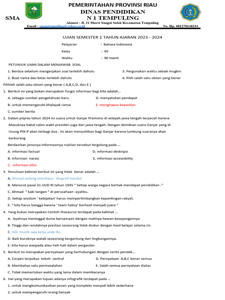 Soal Bhs Indonesia Kls Xii TP 2023 | PDF | Seni & Disiplin Bahasa | Kajian Bahasa Asing