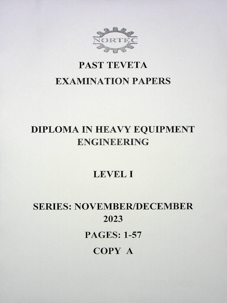 Diploma in Heavy Equipment Engineering Level I Nov Dec Teveta Exam Past ...