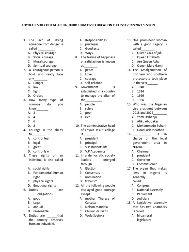 Civic Education Quiz for JSS1 Students | PDF | Crimes | Crime & Violence