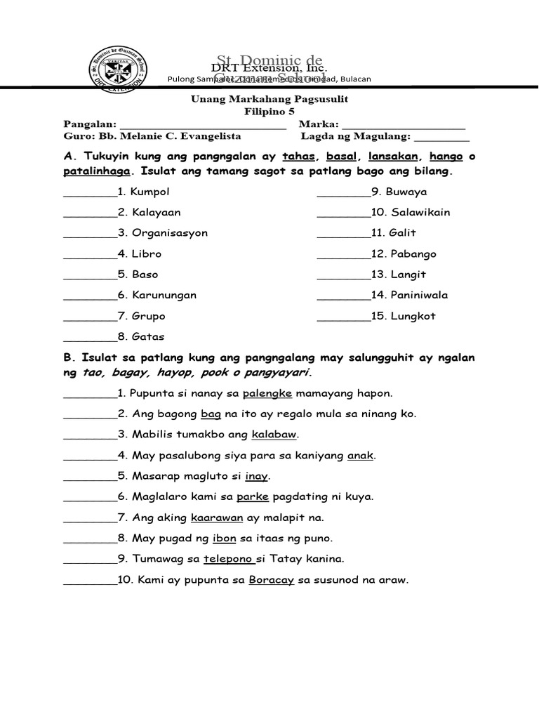 FILIPINO 5 Unang Markahang Pagsusulit OCT 2023 | PDF