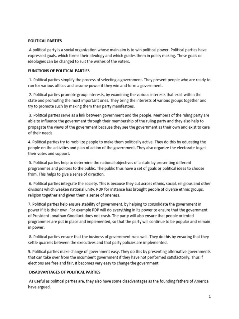 Meaning, Organisation, Types of Political Parties and Party Systems ...