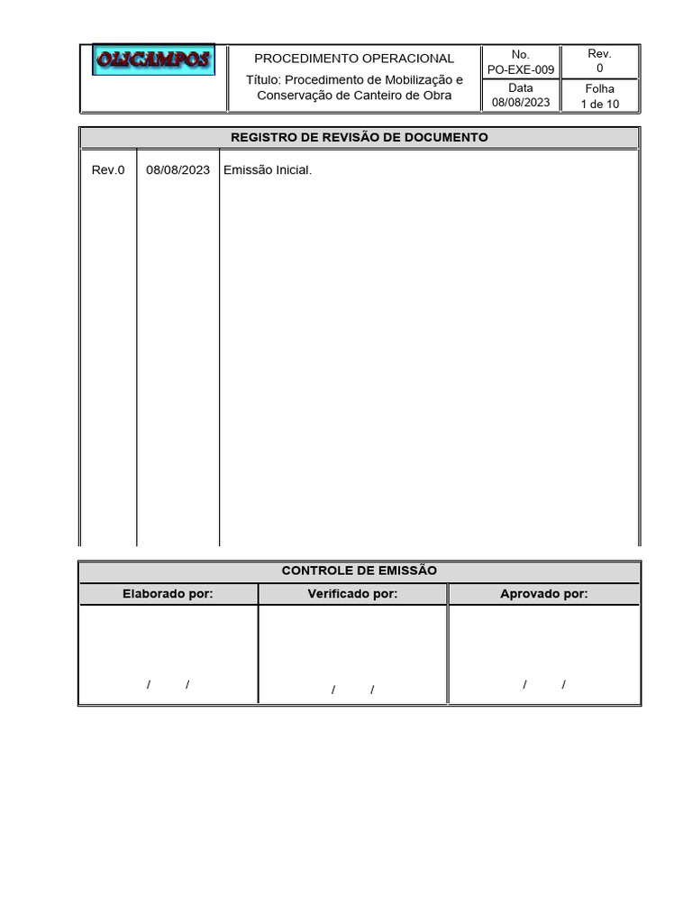 9 - PO-EXE-009 - Mobilização e Conservação de Canteiro de Obra | PDF