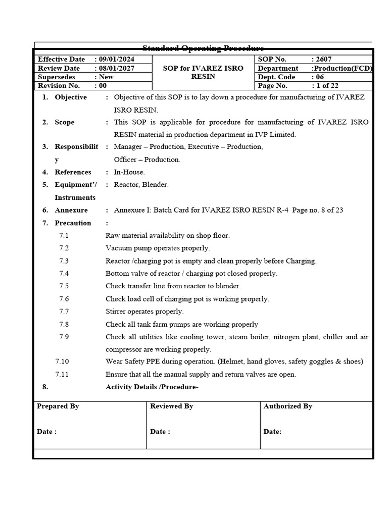 2602 Sop For Ivarez Isro Resin Rev. 00 | PDF | Formaldehyde | Chemical ...
