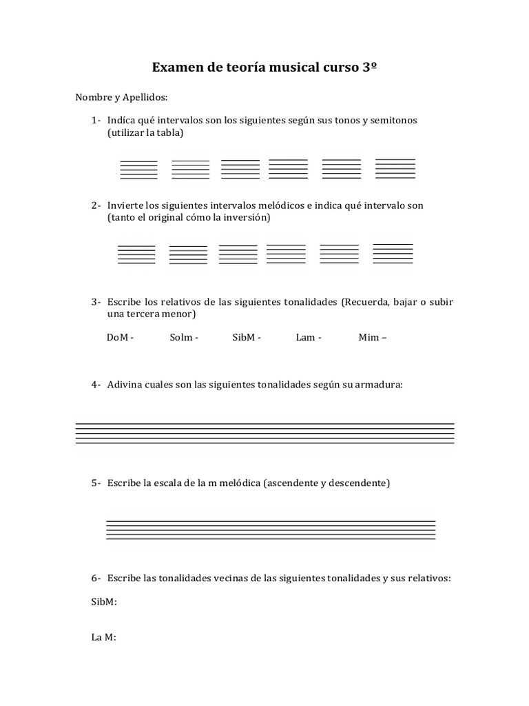 Examen de Teoría Musical Curso 3º | PDF
