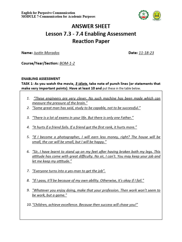 Module 7-Enabling Assessment Answer Sheet-Lesson 7.3 7.4-3 Idiots | PDF ...