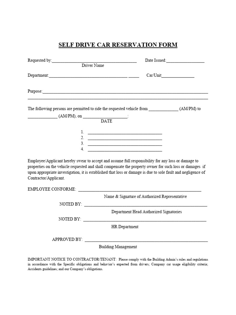 Self Drive Car Reservation Form | PDF Self Drive Car Reservation Form | PDF