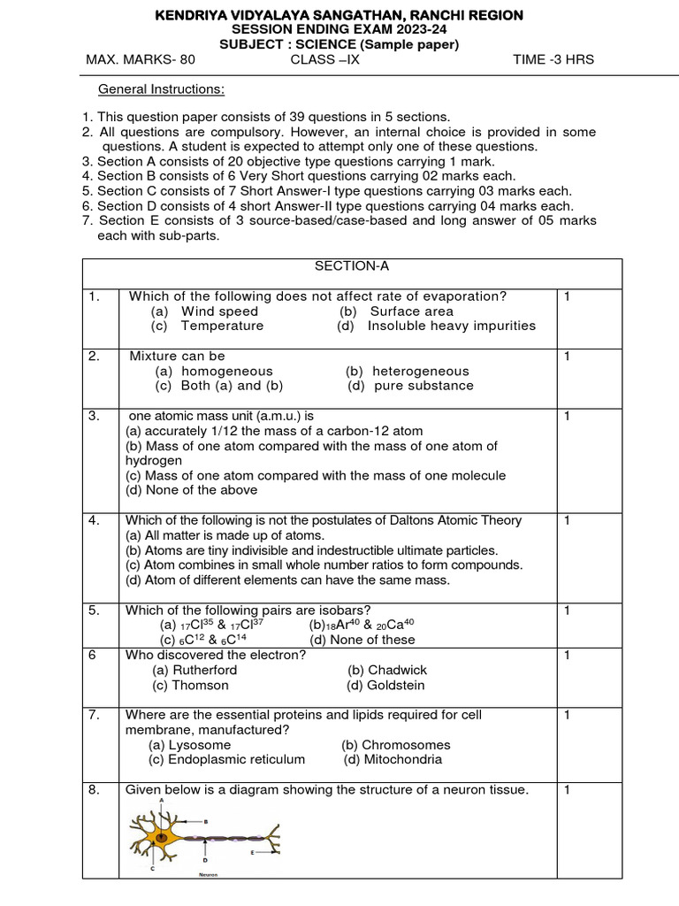 Sse Class Ix Sample Paper2023-24 | PDF | Tissue (Biology) | Neuron