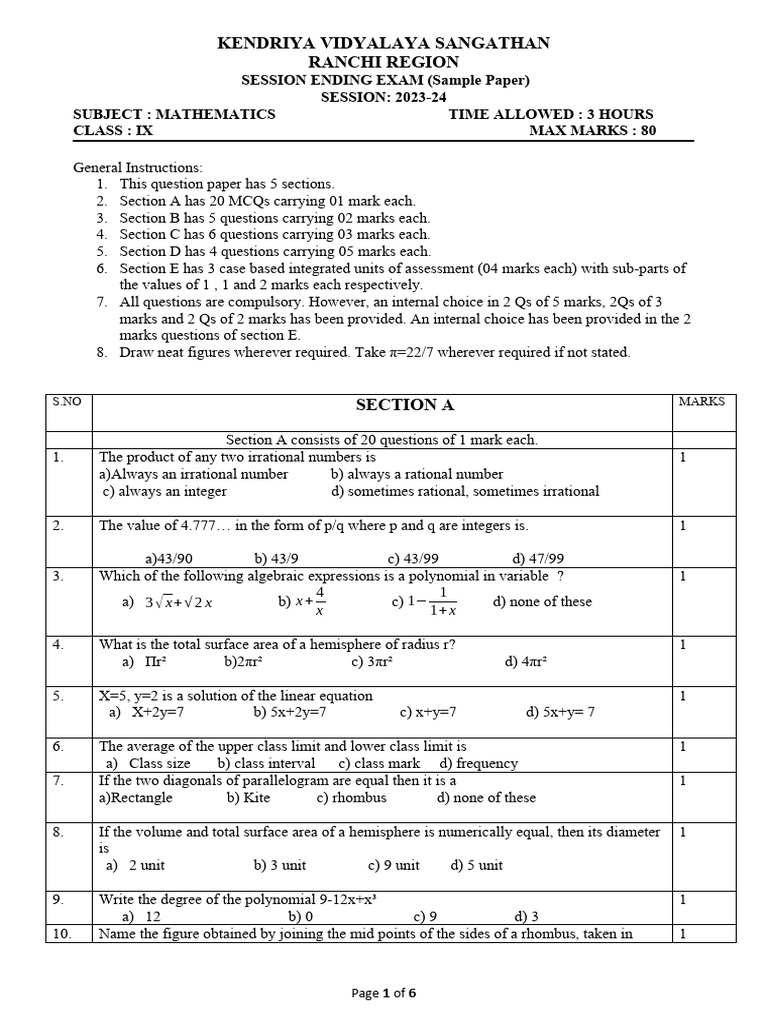 Class 9 Maths Sample Paper 2023-24 | PDF | Area | Triangle