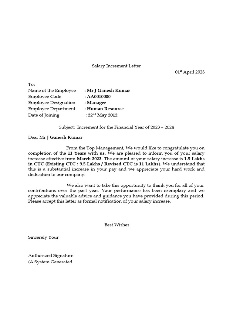 Salary Increment Letter Format | PDF | Finance & Money Management