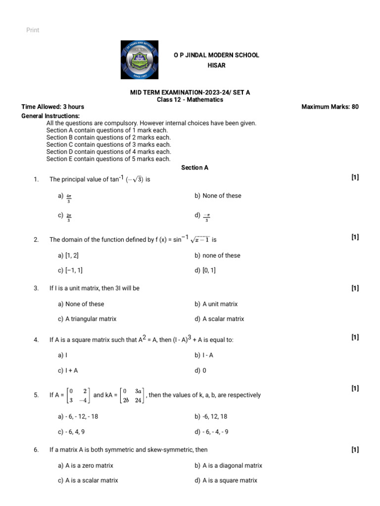 12 Practice Paper | PDF | Matrix (Mathematics) | Matrix Theory
