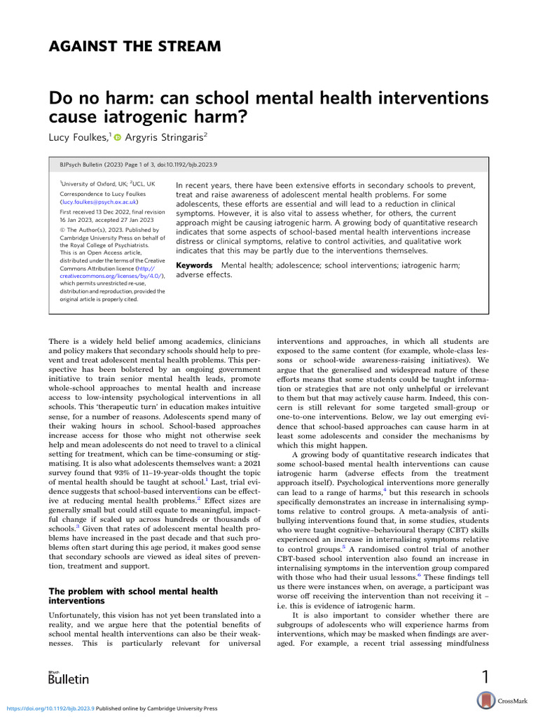 Do No Harm Can School Mental Health Interventions | PDF | Mental Health ...