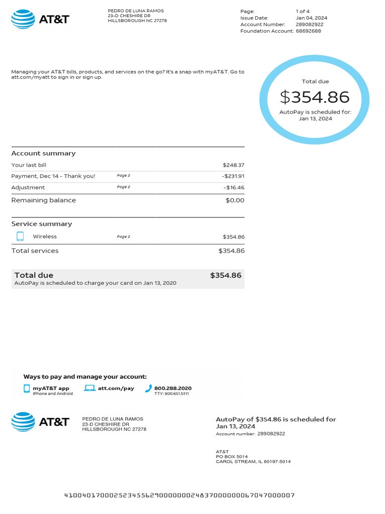 AT&T Bill Summary for Pedro Ramos | PDF | Financial Services | Banking ...