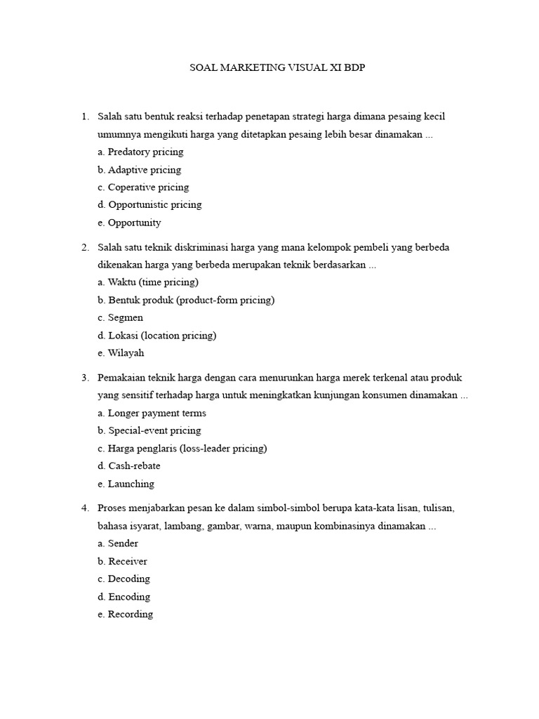 Soal Marketing Visual Xi BDP | PDF | Bisnis