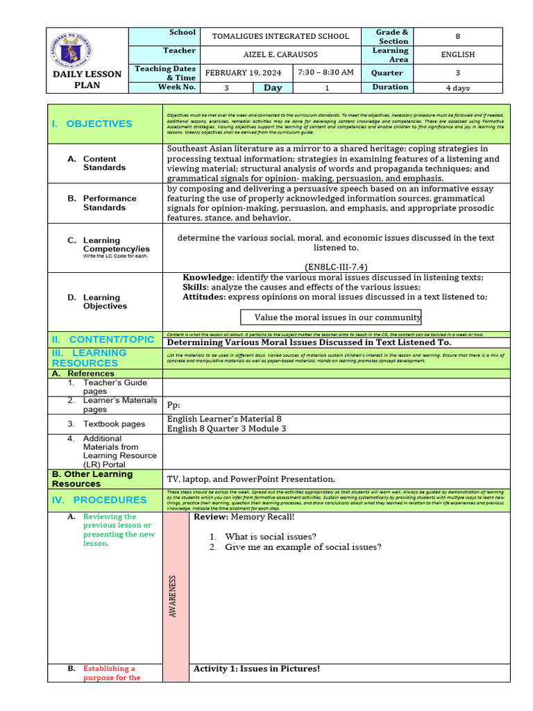 ENGLISH 8 - Determining Moral Issues | PDF | Learning | Teachers