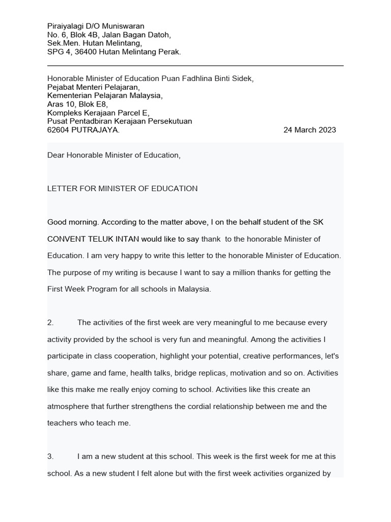 A Letter To Educational Minister | PDF | Behavior Modification | Cognition