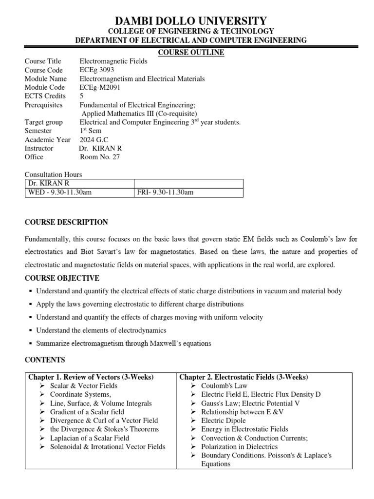 EMF Course Outline | PDF | Magnetic Field | Electrostatics