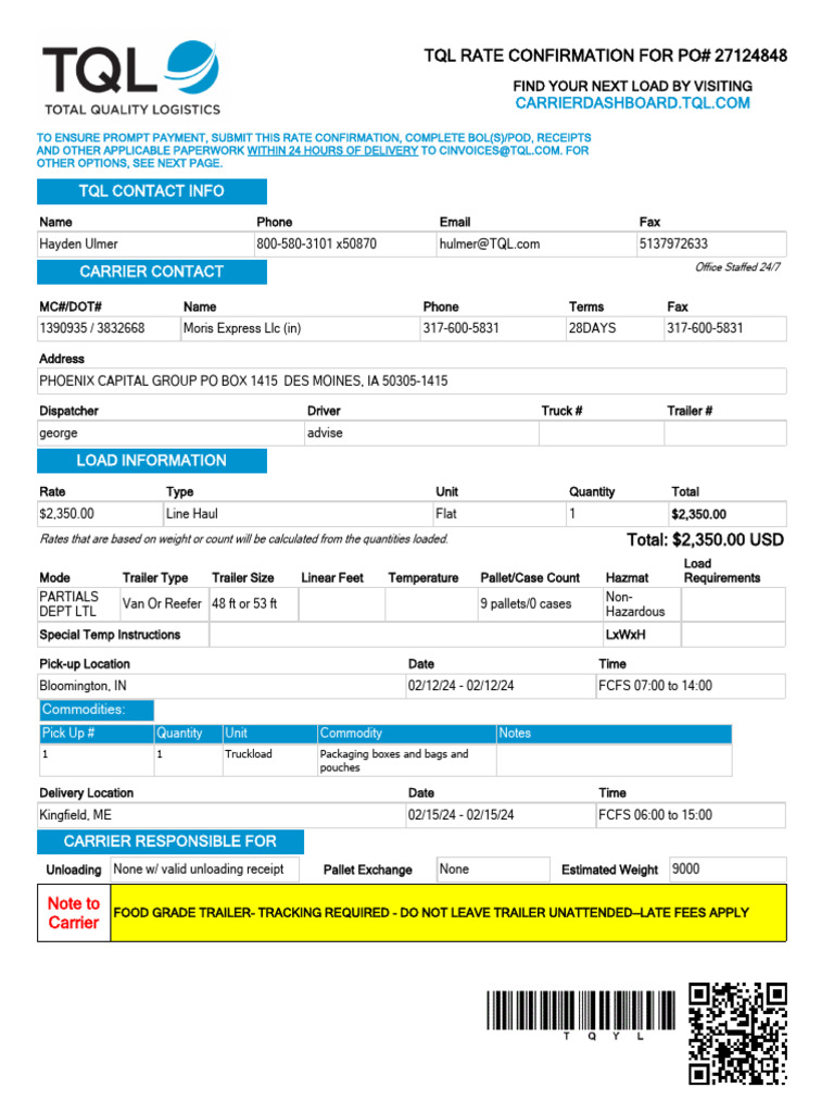 Carrier Rate Confirmation | PDF | Mail | Freight Transport