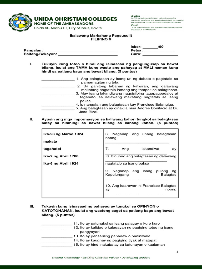 Ikalawang Markahang Pagsusulit-Filipino 6-2023-2024 | PDF