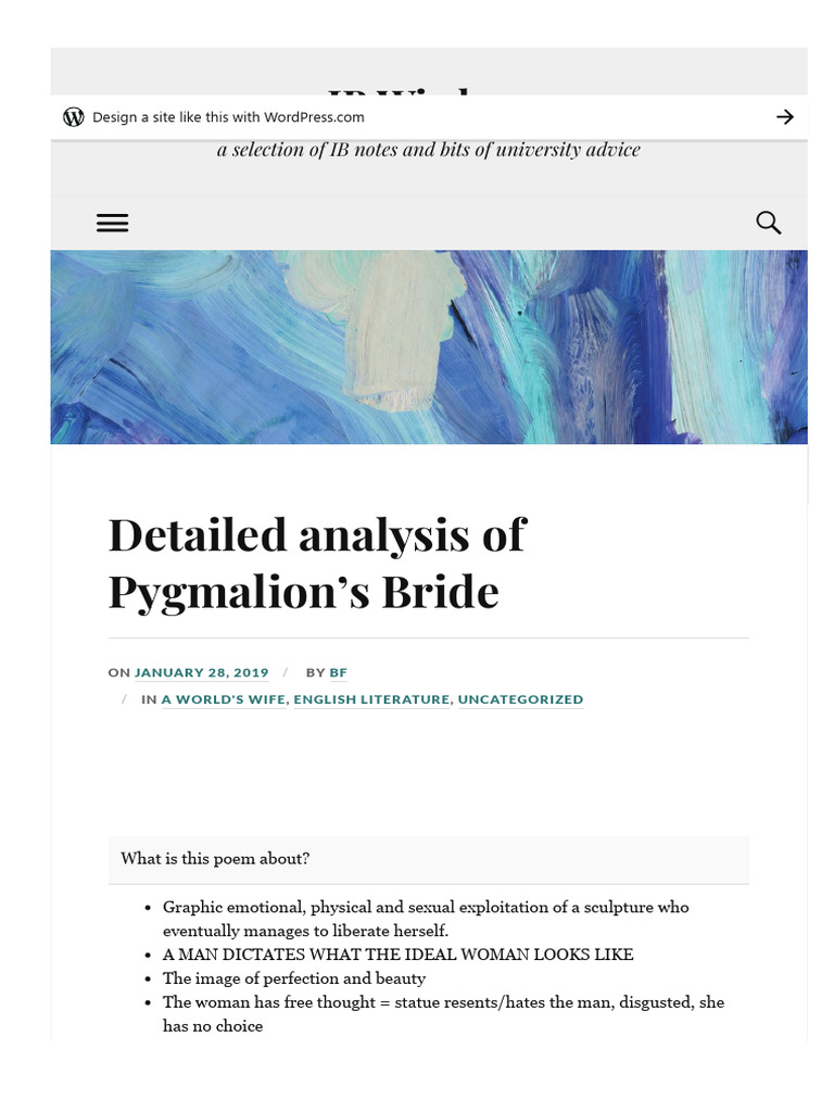 IB English: Pygmalion’s Bride Analysis | PDF
