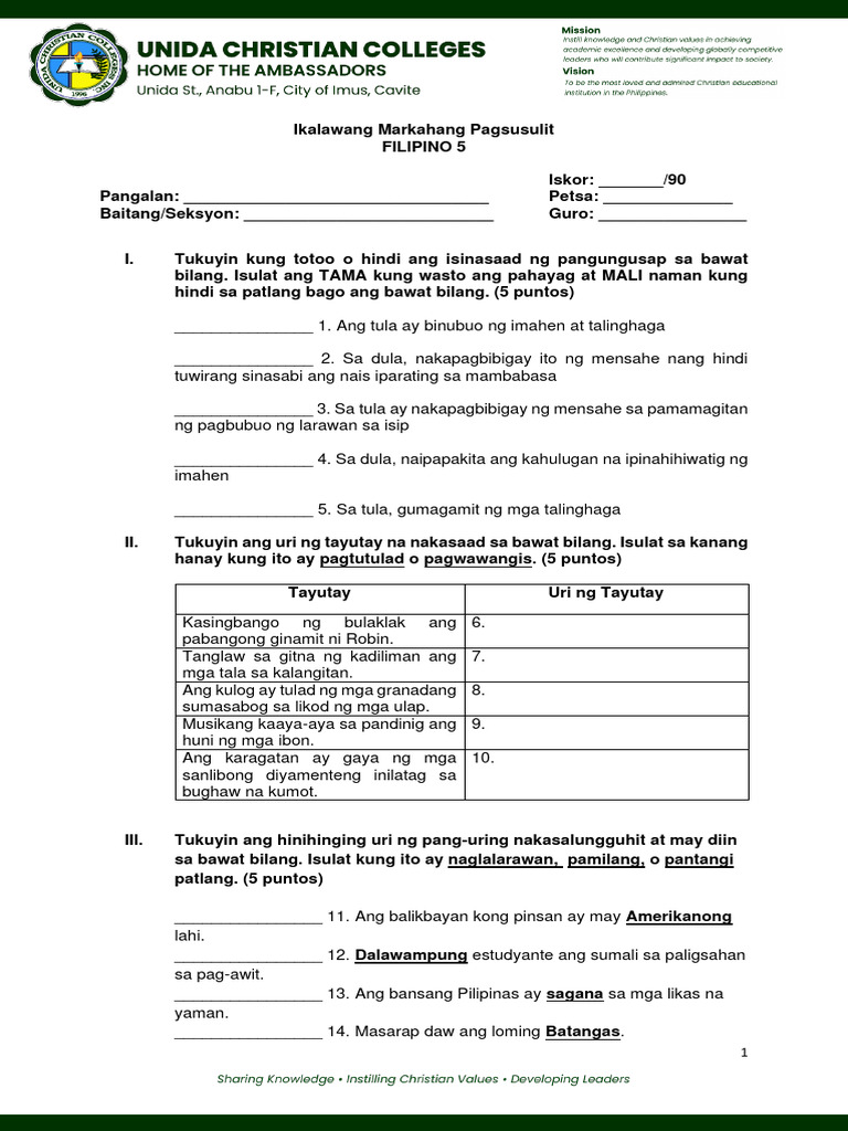 Ikalawang Markahang Pagsusulit-Filipino 5 | PDF