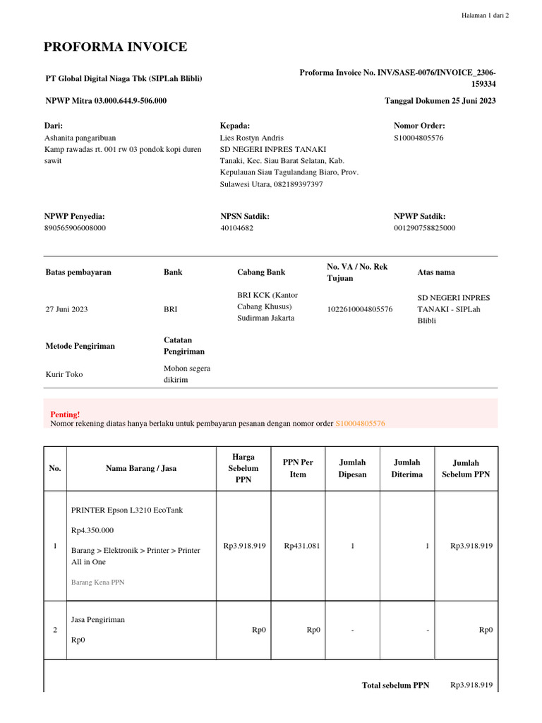 Proforma Invoice S10004805576 | PDF