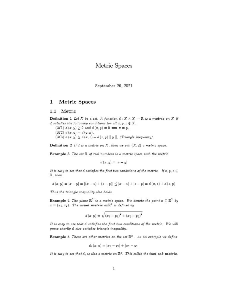Lecture 01 Basic Concepts About Metric Spaces And Examples Pdf Continuous Function