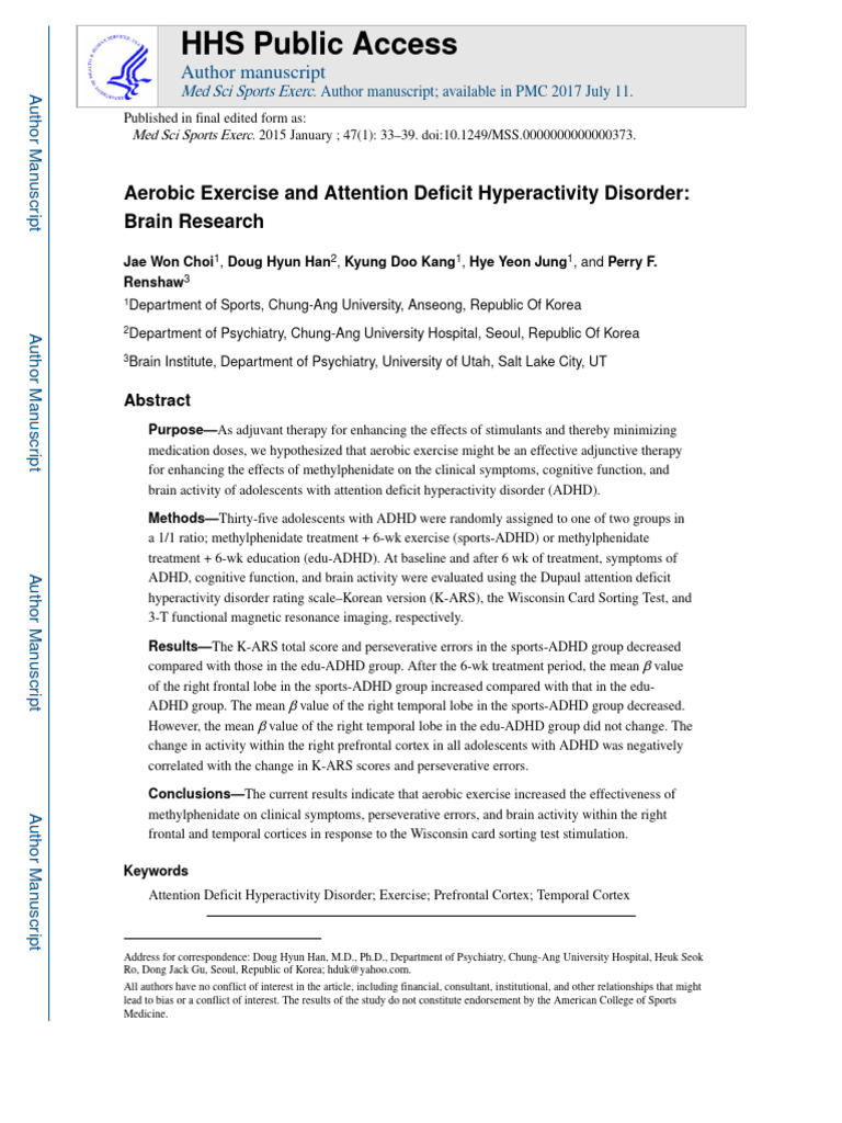 Aerobic Exercise and Attention Deficit Hyperactivity Disorder - Brain Research | PDF | Attention ...