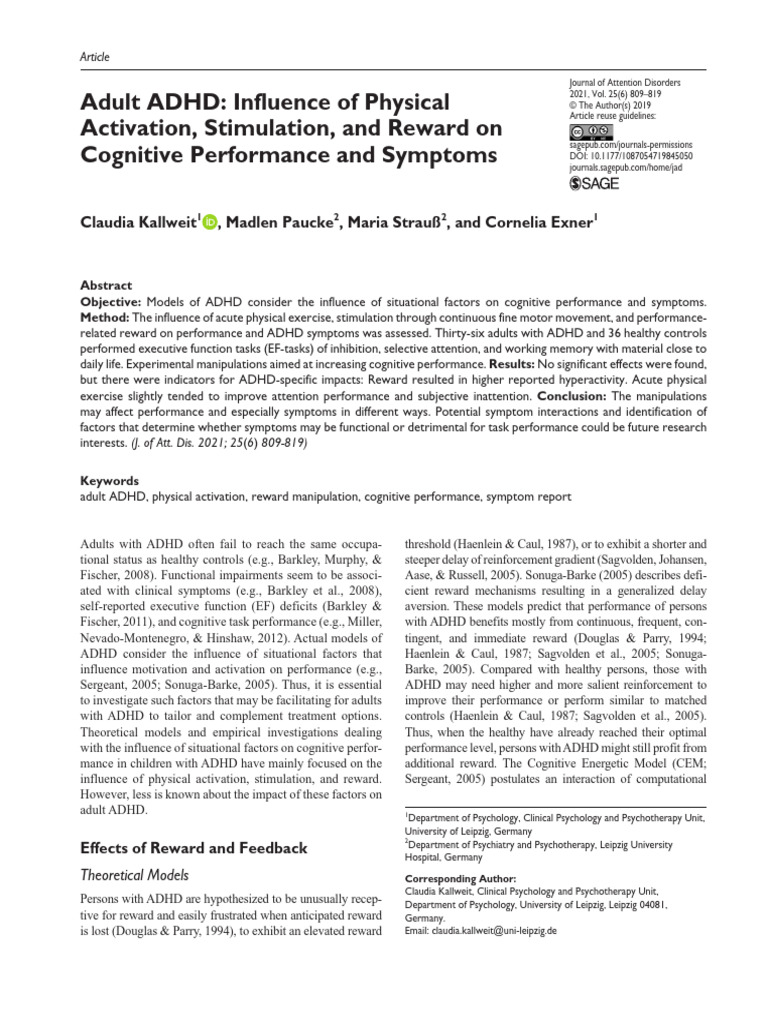 Adult ADHD - Influence of Physical Activation, Stimulation, and Reward On Cognitive Performance ...