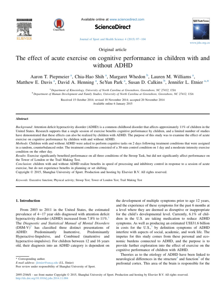 The effect of acute exercise on cognitive performance in children with and without ADHD | PDF ...