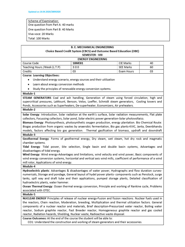 Energy Engineering Syllabus - 18me81 | PDF | Nuclear Reactor | Solar Energy