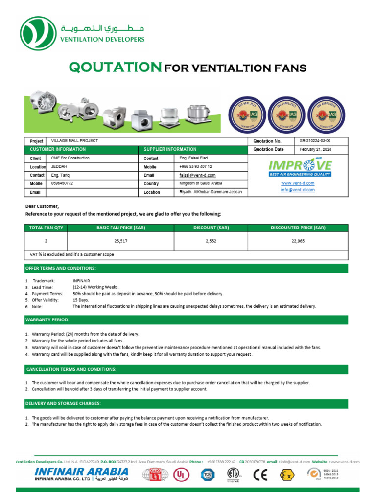 Quotation for Ventilation Fans Project | PDF | Business | Economies
