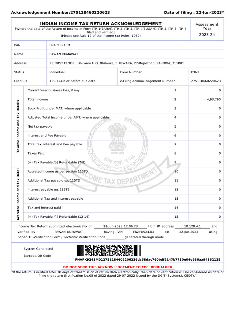 Indian Income Tax Return Acknowledgement: Acknowledgement Number ...