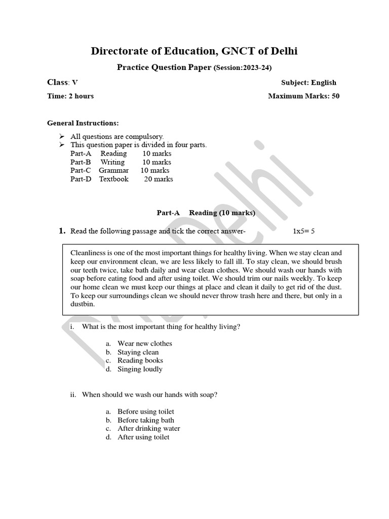 Class V English Practice Paper 2023-24 | PDF | Language Arts & Discipline