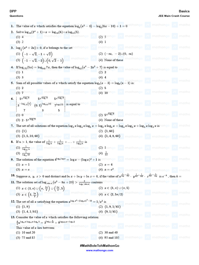Question DPP Basics JEE Main Crash Course MathonGo | PDF | Algebra | Mathematical Analysis