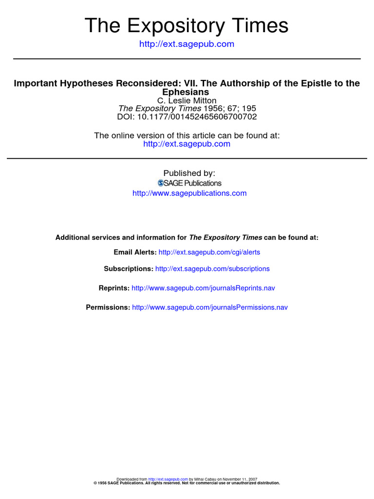 Ephesians Authorship: Reevaluated | PDF | Epistle To The Ephesians ...