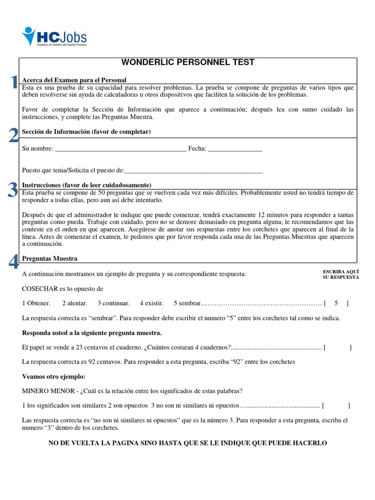 Cuadernillo Wonderlic Personnel Test | PDF