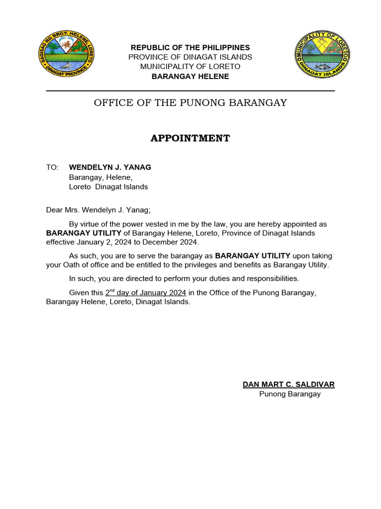 Appointment of Brgy Utility | PDF | Government | Philippines