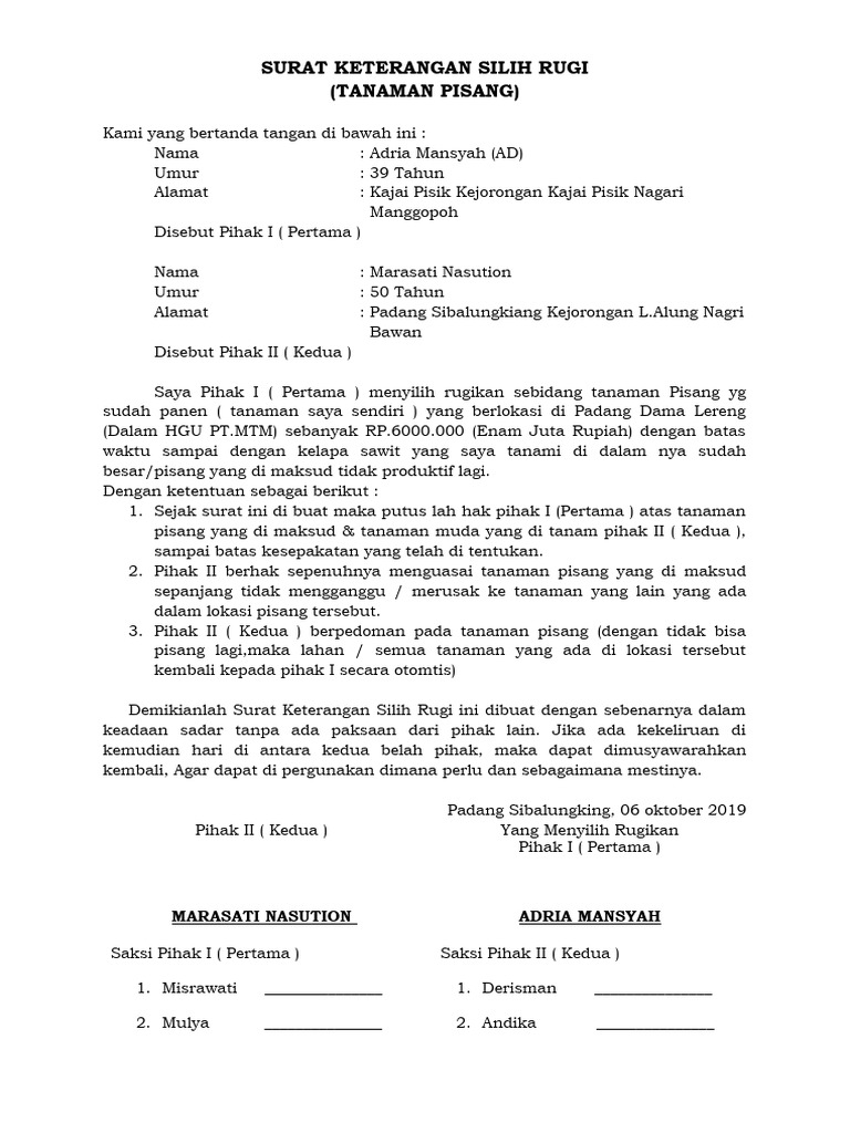 Surat Keterangan Silih Rugi Tanaman | PDF