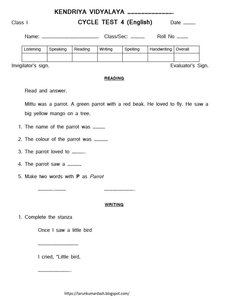 Cycle Test 4 Eng Class 1 | PDF | Ornithology | Birds