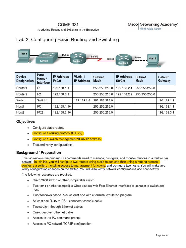 Lab 2 Configuring Basic Routing and Switching PDF | PDF | Router (Computing) | Ip Address