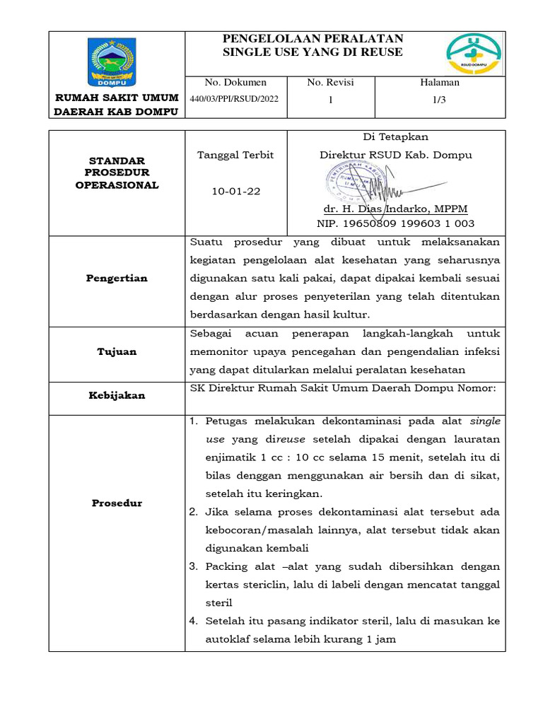 Spo Pengelolaan Alat Single Use Yang Di Reuse | PDF