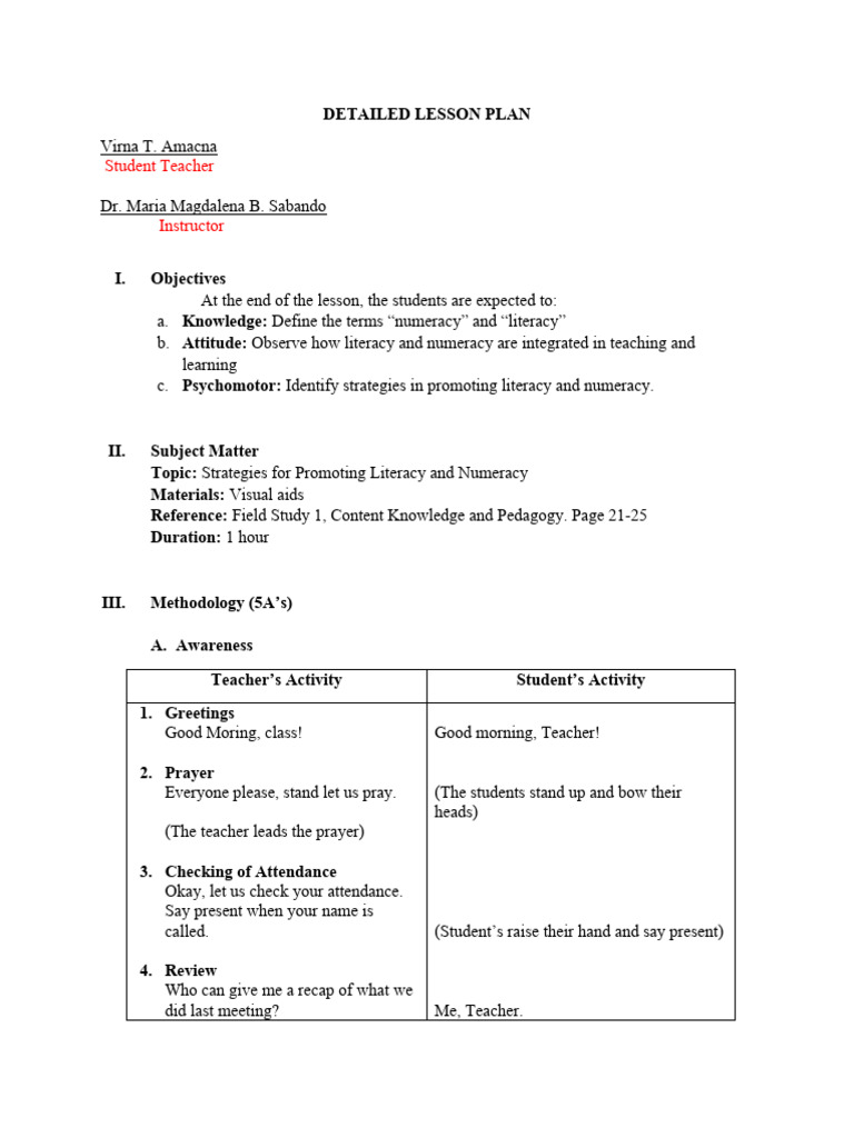 Ed 401 DETAILED LESSON PLAN | PDF | Literacy | Learning