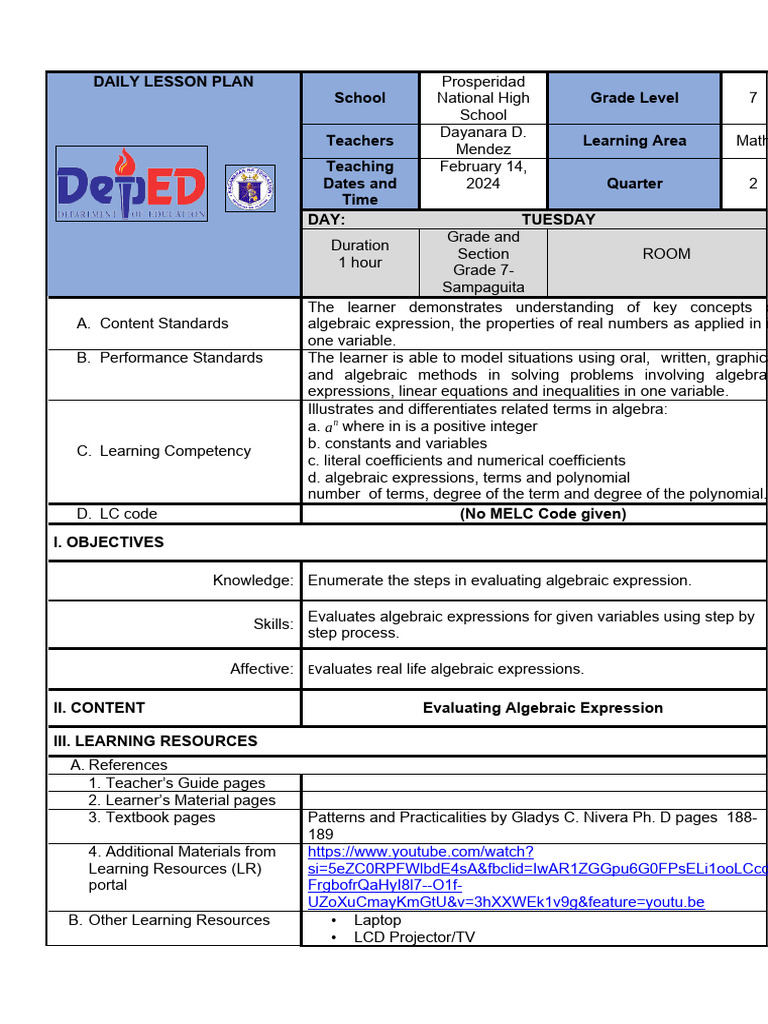 SDLP Week 3 Session 4 Quarter 2 Math 7 | PDF | Algebra | Polynomial