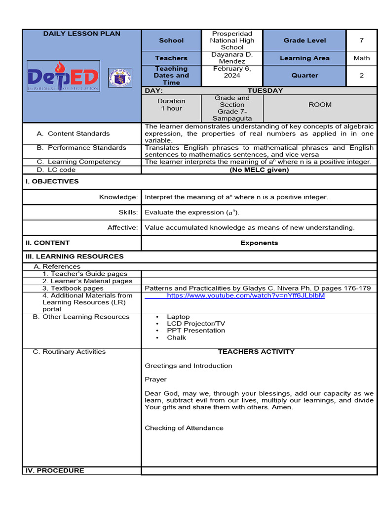 SDLP Week 3 Session 1 Quarter 2 Math 7 | PDF | Exponentiation | Learning