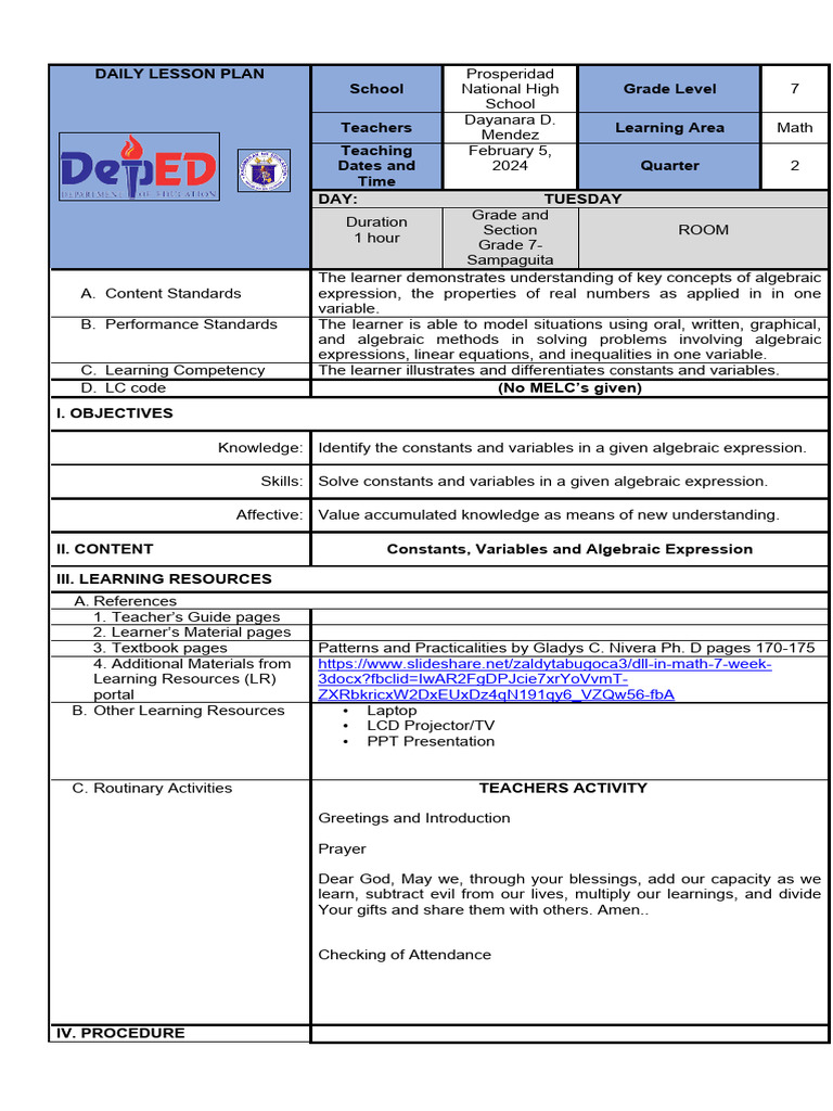 SDLP Week 3 Session 1 Quarter 2 Math 7 | PDF | Variable (Mathematics) | Learning