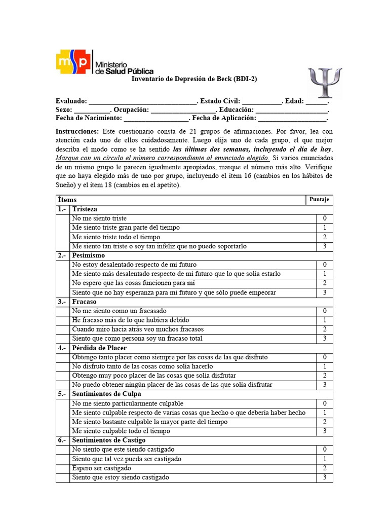 Inventario de Depresión de Beck (BDI - 2) | PDF